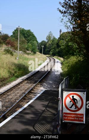 Warning sign at the end of the platform at Haworth station on the ...