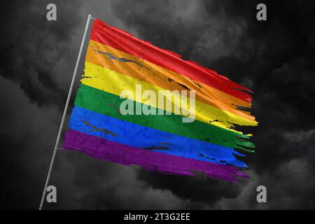 Lgbt torn flag on dark sky background with blood stains Stock Photo - Alamy