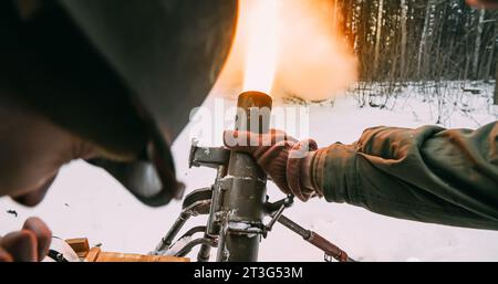 Mortar Shooting Explosions Forest. Close-up View On Re-enactors Dressed ...