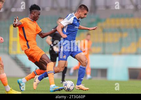 Zagreb, Croatia. 25th Oct, 2023. Vilim Gec of Dinamo Zagreb and Mohamed ...