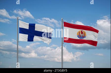 Finland and French Polynesia two flags textile cloth, fabric texture ...