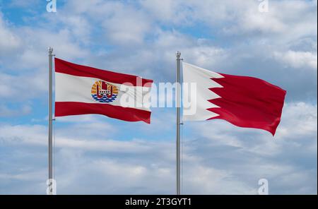 Bahrain and French Polynesia two flags textile cloth, fabric texture ...