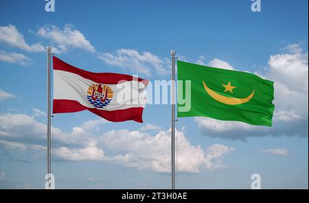 Mauritania and French Polynesia two flags textile cloth, fabric texture ...