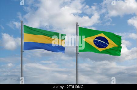 Gabon and Brazil flags waving together on blue cloudy sky, two country relationship concept ...
