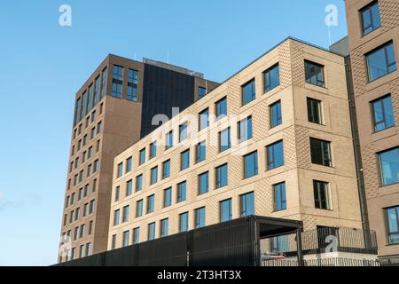 The facade of the new apartment building shaped like cubes. Minimalist ...