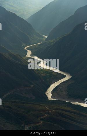 Chicamocha river flows through a canyon, mountainous Andean scenery in ...