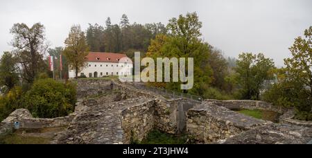 Ruins of the Massenburg, former castle complex, behind the church tower ...