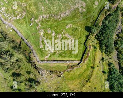 Aerial view, top down view of Hadrian's Wall with foundations of former ...