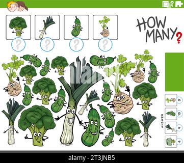 Math game worksheet, cartoon broccoli, kohlrabi and cauliflower cabbage ...
