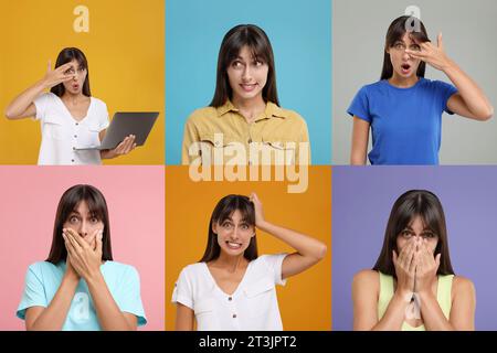 Collage with photos of embarrassed woman on different color backgrounds ...