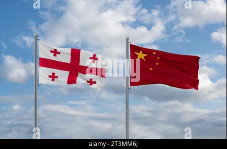 Georgia and China flags waving together on blue cloudy sky, two country ...