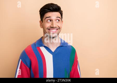 Portrait of creative minded person beaming smile look interested empty ...