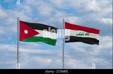 Jordan and Iraq flags waving together in the wind on blue cloudy sky ...