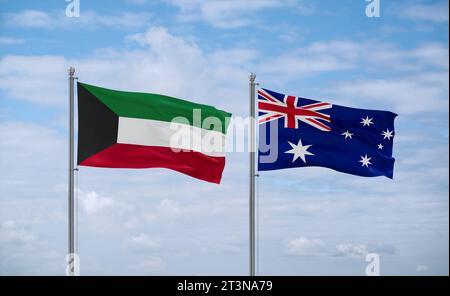 Kuwait and Australia flags waving together in the wind on blue cloudy ...