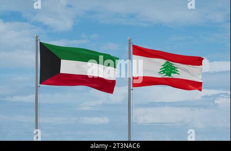 Kuwait and Lebanon flags waving together in the wind on blue cloudy sky ...