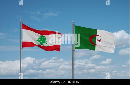 Lebanon and Algeria flags waving together in the wind on blue cloudy ...