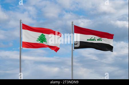 Lebanon and Iraq flags waving together in the wind on blue cloudy sky ...