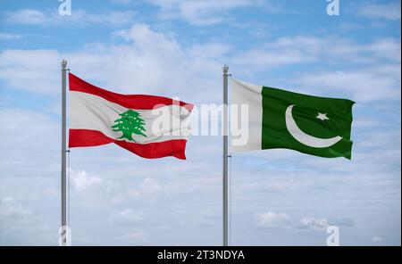 Lebanon and Pakistan flags waving together in the wind on blue cloudy ...