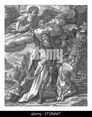 Abraham raises his sword to kill his son Isaac, who kneels before the ...