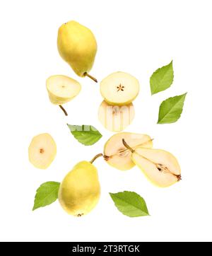 Flying fresh pears and leaves on white background Stock Photo - Alamy