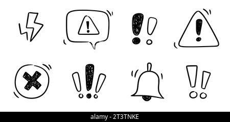 Doodle exclamation mark, alert danger sign set. Scribble hand drawn ...