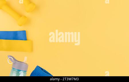 Elastic bands, dumbbells and skipping rope on pink background Stock ...