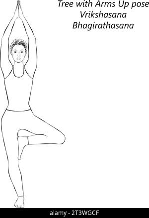 Silhouette of woman doing yoga Vrikshasana. Tree with Arms Up pose ...