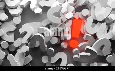 Concept background with glowing exclamation marks between various question marks, 3d rendering ...