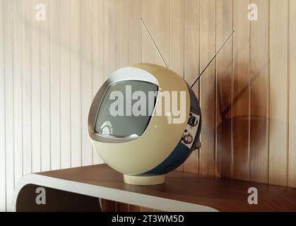 A sphere shaped vintage futurism retro television from the seventies ...