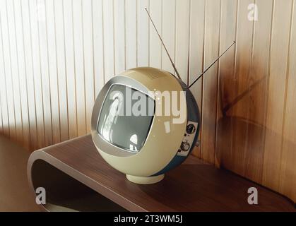 A sphere shaped vintage retro television from the futurism seventies on ...