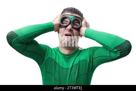 Sad suffering superhero with strong headache touching his head Stock ...