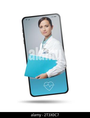 Online doctor videocalling on smartphone screen, professional medical ...