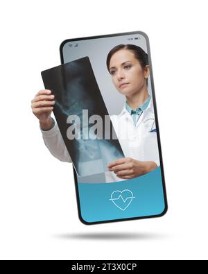 Online doctor videocalling on smartphone screen, professional medical ...
