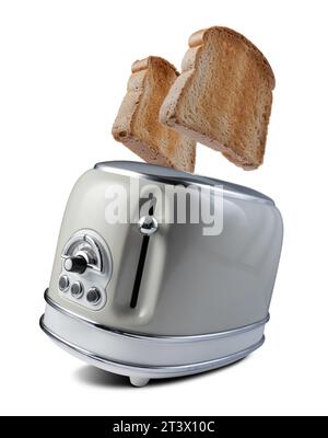 Roasted bread popping up of toaster on white background Stock Photo - Alamy