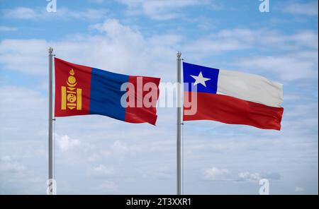 Mongolia and Chile flags waving together in the wind on blue cloudy sky ...