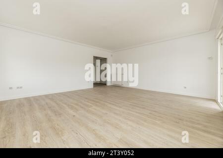 Bedroom with plain white painted walls, parquet flooring and an empty ...