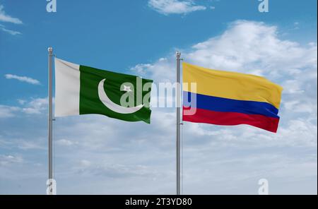 Pakistan and Colombia flags waving together on blue cloudy sky, two ...