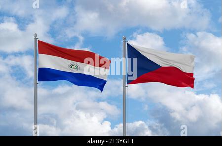 Paraguay and Czech flags waving together on blue cloudy sky, two ...