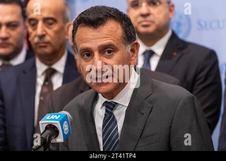 Jordan Ambassador Mahmoud Daifallah Hmoud speaks to press before the start of closed doors ...