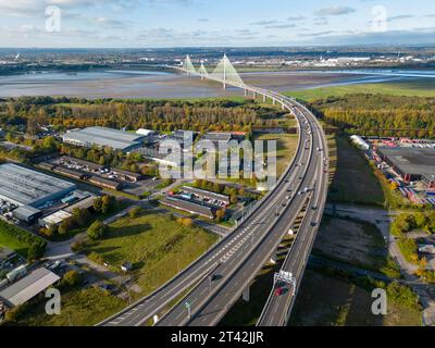 aerial view of the A533 road at Runcorn as it crosses the new Mersey ...