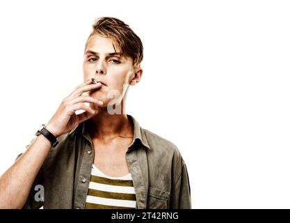 Portrait, mockup or man smoking a cigarette for stress, toxic addiction ...
