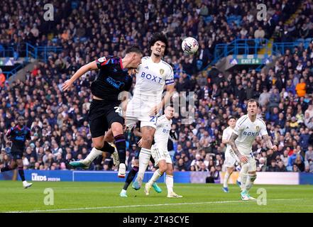 Leeds United's Pascal Struijk heads the ball wide during the Premier ...