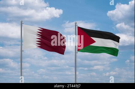 Qatar and Palestine and Gaza Strip flags waving together in the wind on ...