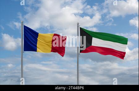 Romania and Kuwait flags waving together in the wind on blue cloudy sky ...