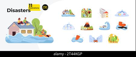 Natural disasters danger 2D cartoon objects set. Catastrophic accidents ...