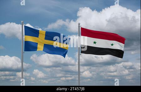 Syrian Arab Republic, Syria and Sweden flag waving together in the wind ...