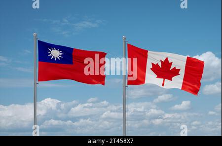 Taiwan and Canada flags waving together in the wind on blue cloudy sky ...