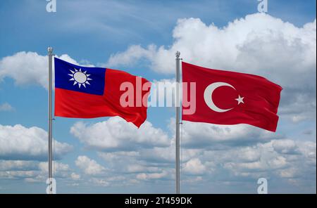 Republic of Turkey and Taiwan flag waving together in the wind on blue ...