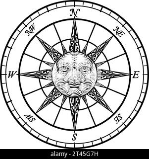 Compass Sun Face Etching Rose Woodcut Drawing Stock Vector Image & Art ...