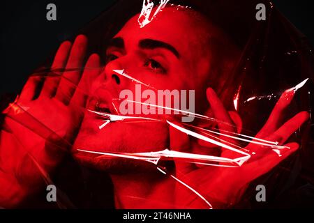 Person Trapped in Black Plastic Bag. Concept of Horror Movie Scene ...